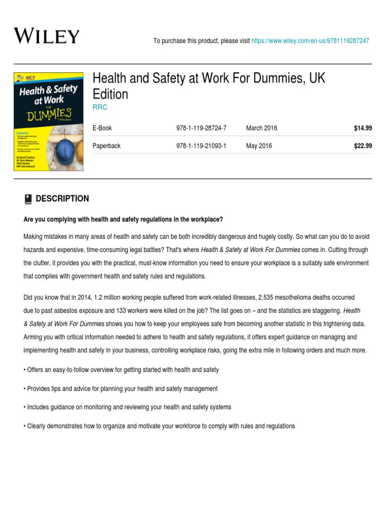 Occupational Health and Safety at Work For Dummies, UK Edition - 978!1 ...