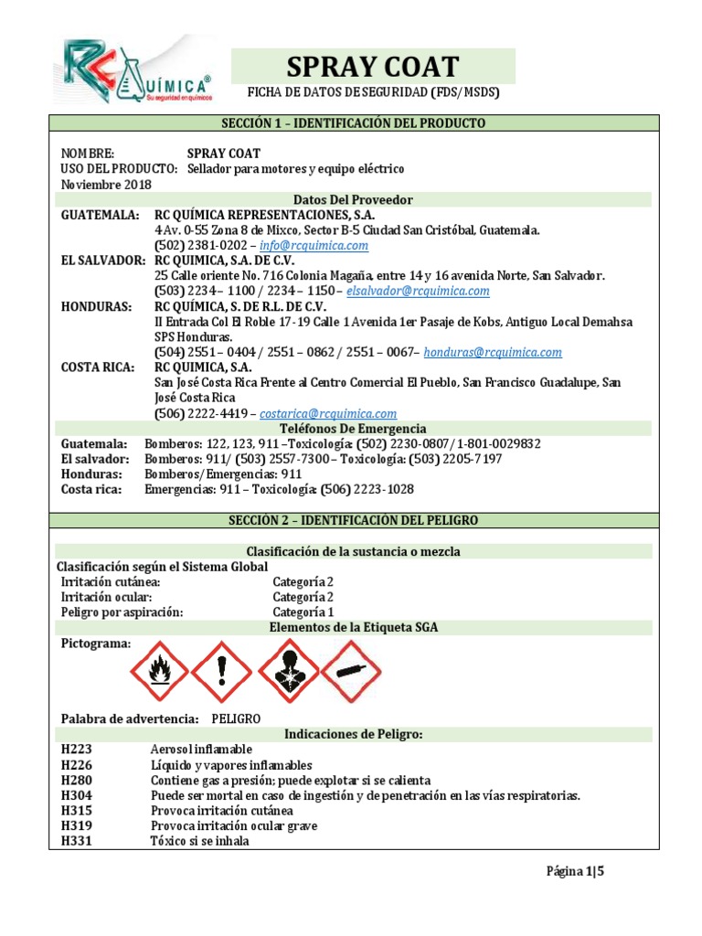 Spray Coat: Ficha de Seguridad RC Química | PDF