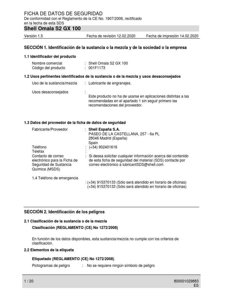 MSDS - Shell Omala S2 GX 100 | PDF | Residuos | Agua