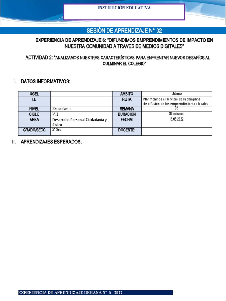 5° DPCC Sesion 2 Exp 6 Urb | PDF | Aprendizaje | Análisis FODA