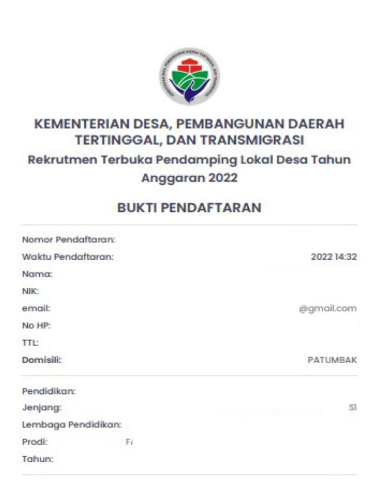 Bukti Pendaftaran Recruitment PLD 2022-Kemendesa | PDF