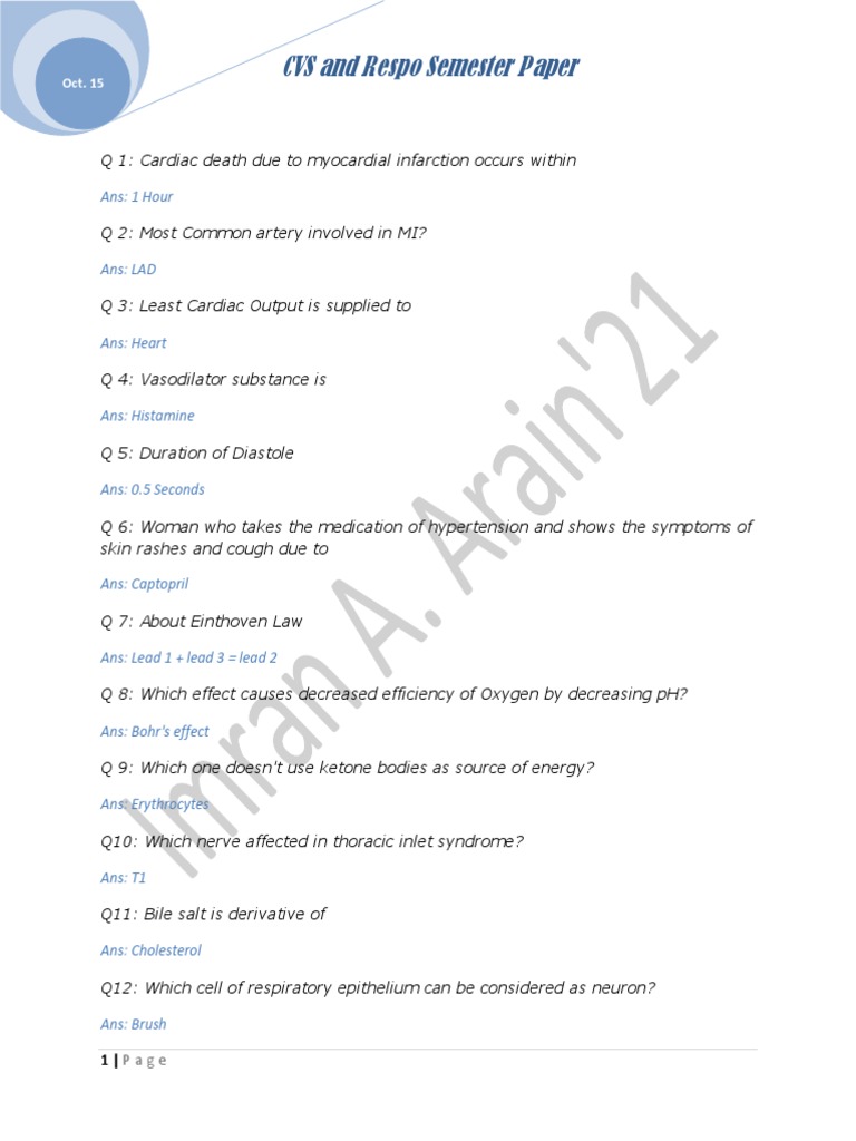 CVs and Respo Semester Paper Batch | PDF | Heart | Artery