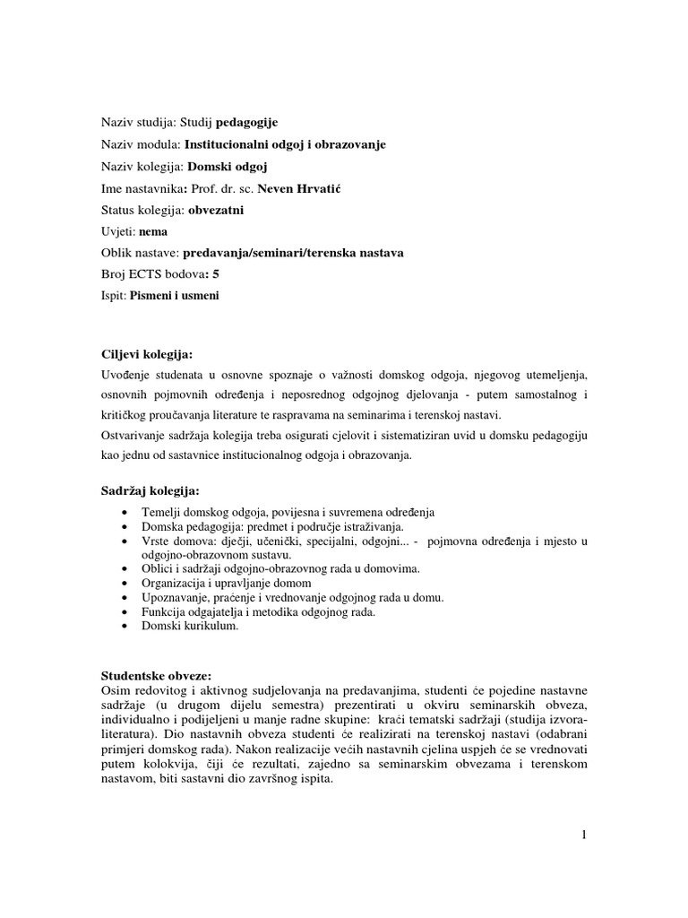 Silabus - Domski Odgoj - Prof. DR Neven Hrvatić | PDF