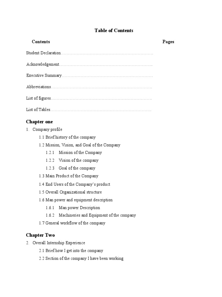 Table of Contents For Internship Report | PDF