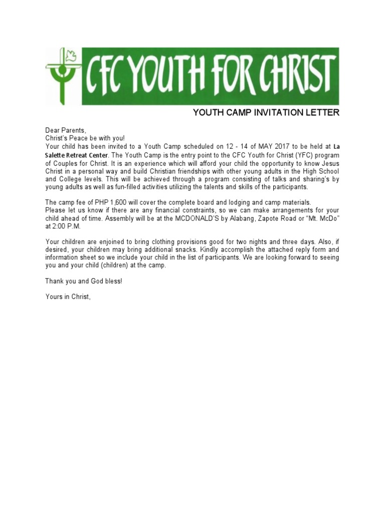 Youth Camp Invitation Letter | PDF | Social Institutions