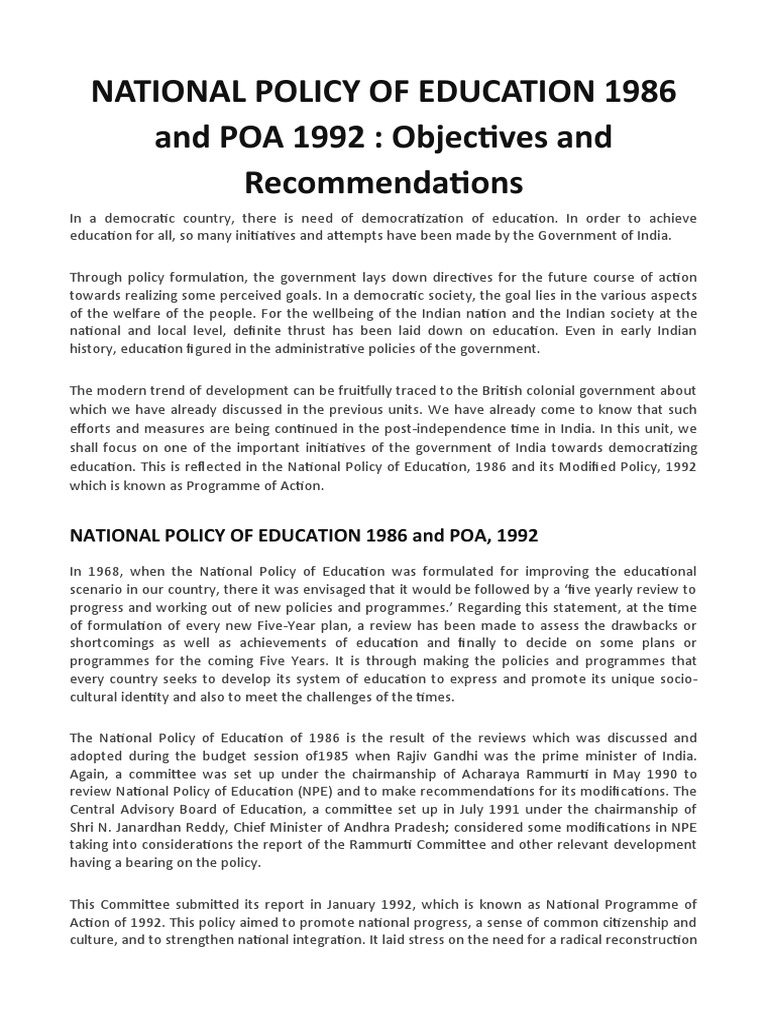 National Policy of Education 1986 and Poa 1992 | PDF | Literacy ...