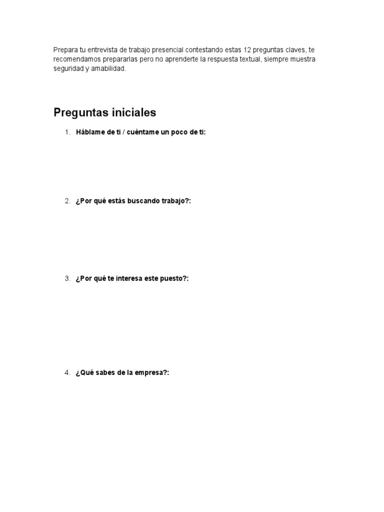 Formato 12 Preguntas para Una Entrevista de Trabajo | PDF