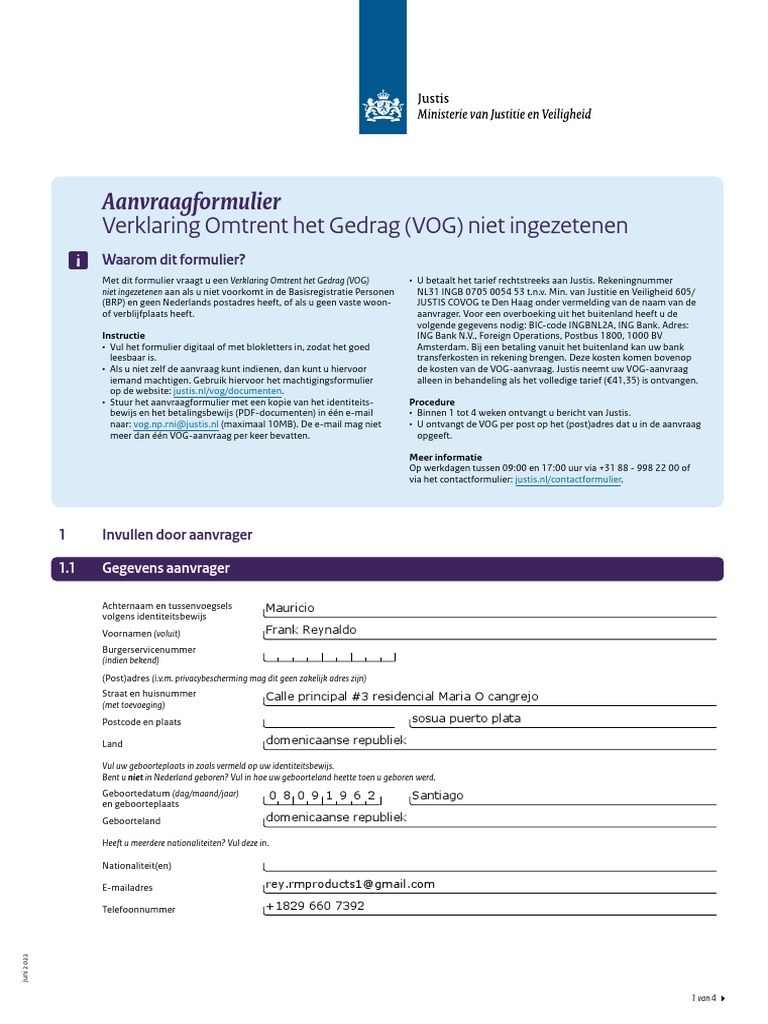 .Aanvraagformulier Verklaring Omtrent Het Gedrag (VOG) Niet Ingezetenen - 0 | PDF