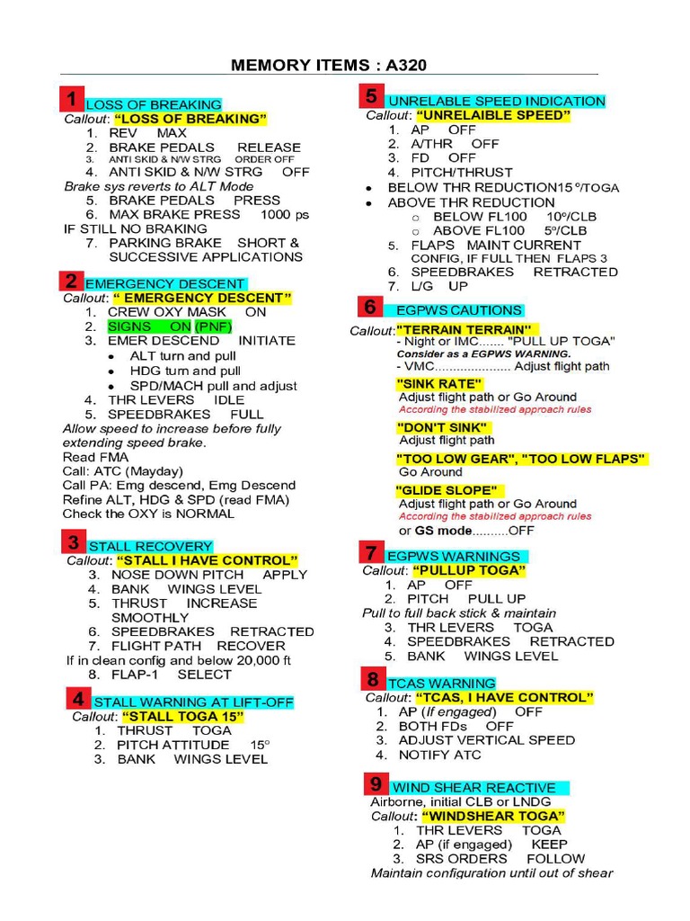 A320 MEMORY ITEMS Updated | PDF