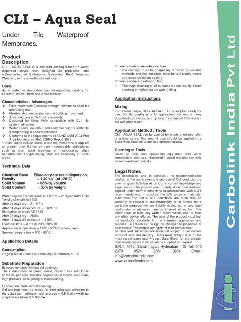 CLI - Aqua Seal Under Tile Waterproof Membranes | PDF | Water | Civil Engineering