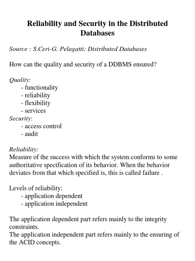 Reliability and Security in The Distributed Databases | PDF | Replication (Computing ...