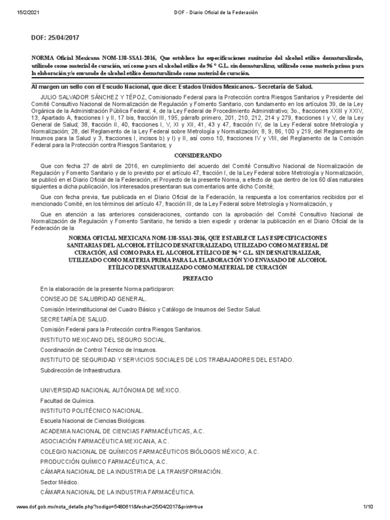 Norma Oficial Mexicana alcohol desnaturalizado curación | PDF | Etanol ...