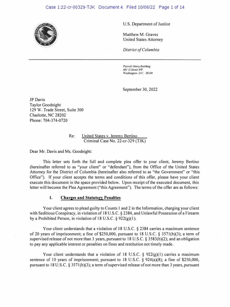 Plea Agreement Bertino | PDF | United States Federal Probation And ...