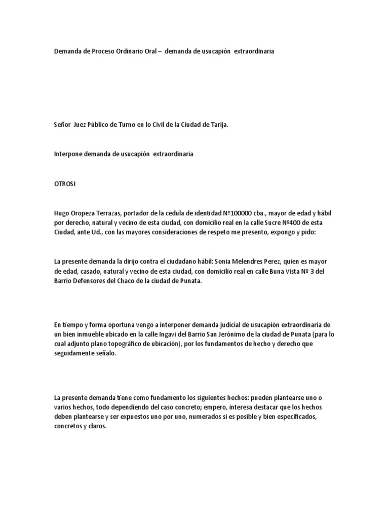 Demanda de Proceso Ordinario Oral | PDF | Demanda judicial | Sentencia ... Demanda de Proceso Ordinario Oral | PDF | Demanda judicial | Sentencia ...