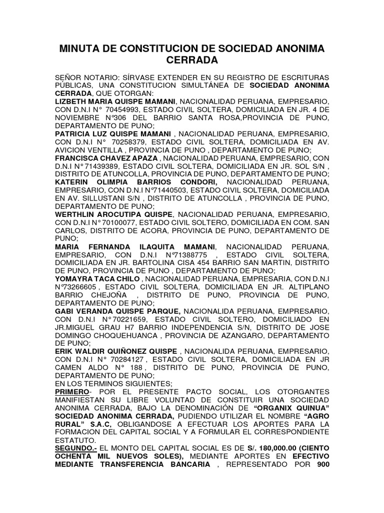 Minuta de Constitucion de Sociedad Anonima Cerrada.. | PDF | Compartir (Finanzas) | Turismo