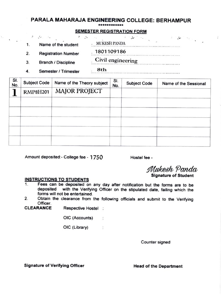 8th Semester Registration Form - Civil Engineering | PDF