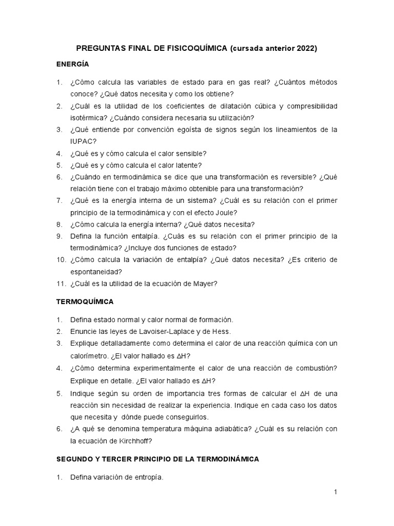 PREGUNTAS FINAl DE FISICOQUÍMICA 2022 | PDF | Mecánica cuántica | Entropía
