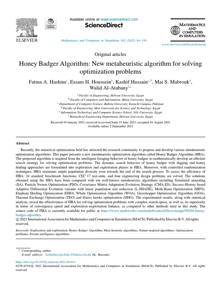 Honey Badger Algorithm New Metaheuristic Algorithm For Solving Optimization Problems 2022 Pdf 7072