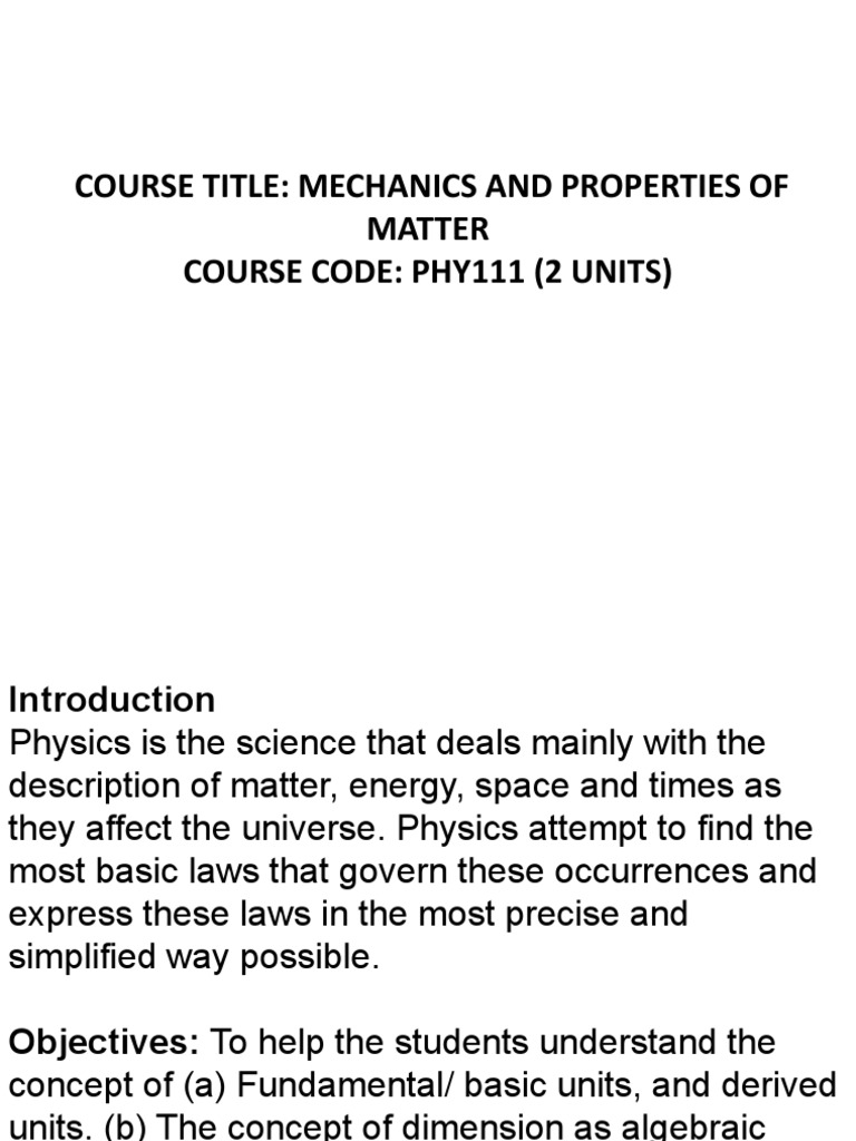 Mechanics & Matter PHY111 Guide | PDF | International System Of Units | Kilogram