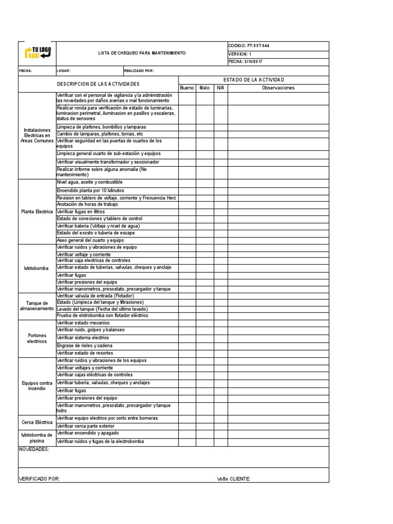 Lista de Chequeo para Mantenimiento | PDF | Electricidad | Bienes ...