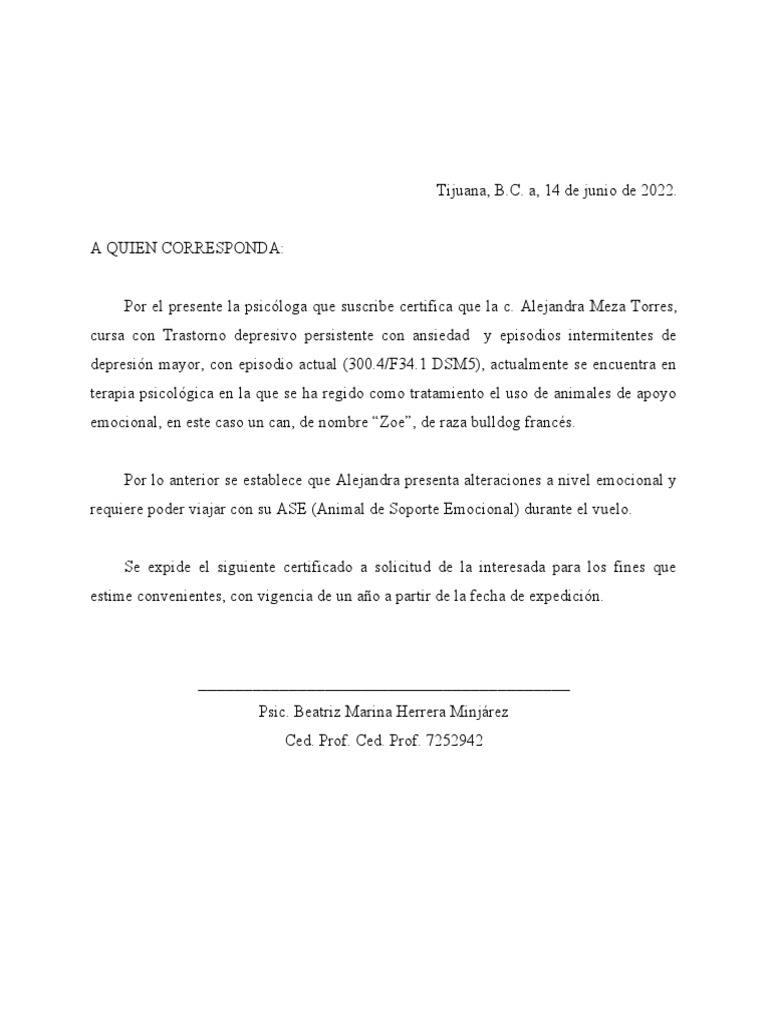 Carta Mascota de Apoyo Emocional para Viajar | PDF