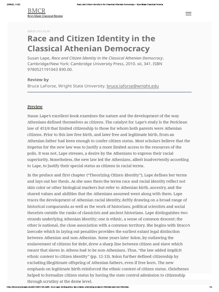 Lape, Race and Citizen Identity in The Classical Athenian Democracy ...