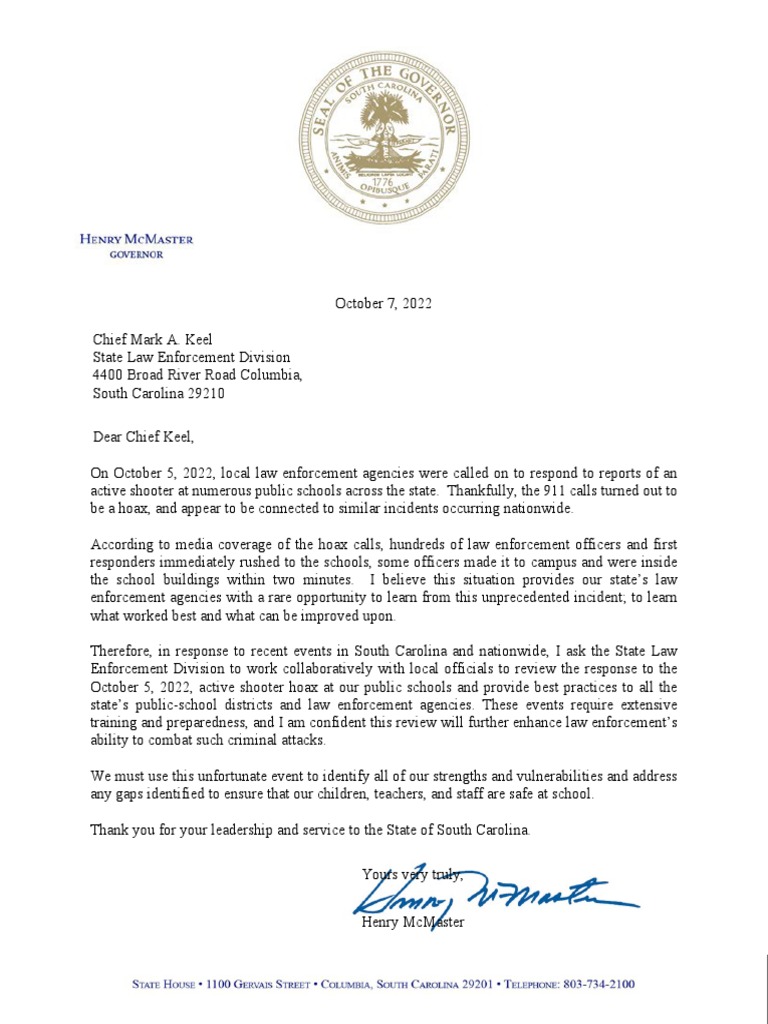 McMaster Letter To SLED On Hoax | PDF