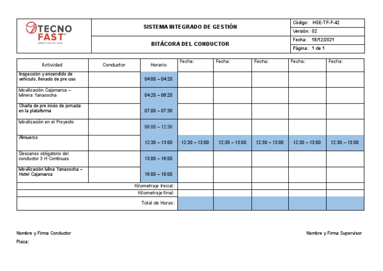 HSE-TF-F-42 Formato BITÁCORA DEL CONDUCTOR V02 | PDF