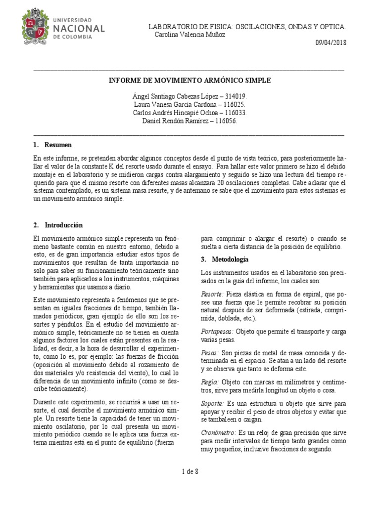 Informe 4 Movimiento ArmÓnico Simple Pdf Oscilación Masa