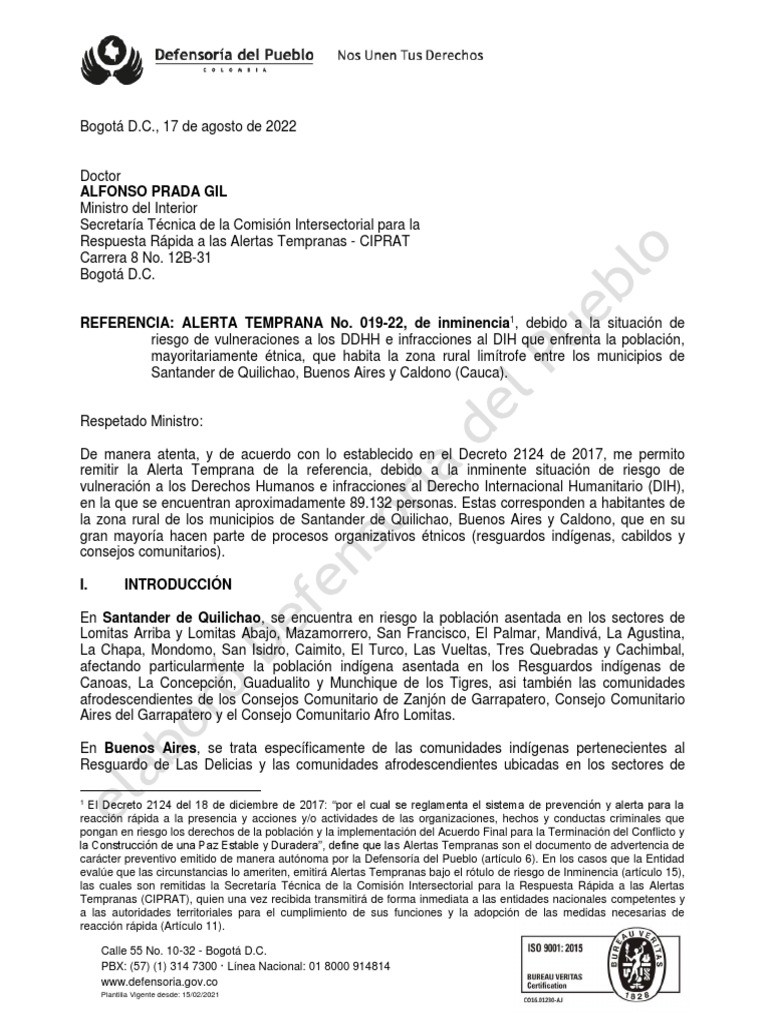 ALERTA TEMPRANA No. 019-22, de Inminencia | PDF