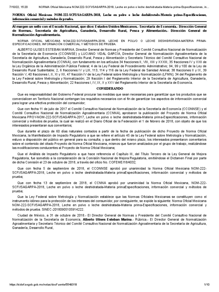 NORMA Oficial Mexicana NOM-222-SCFI - SAGARPA-2018, Leche en Polvo o ...