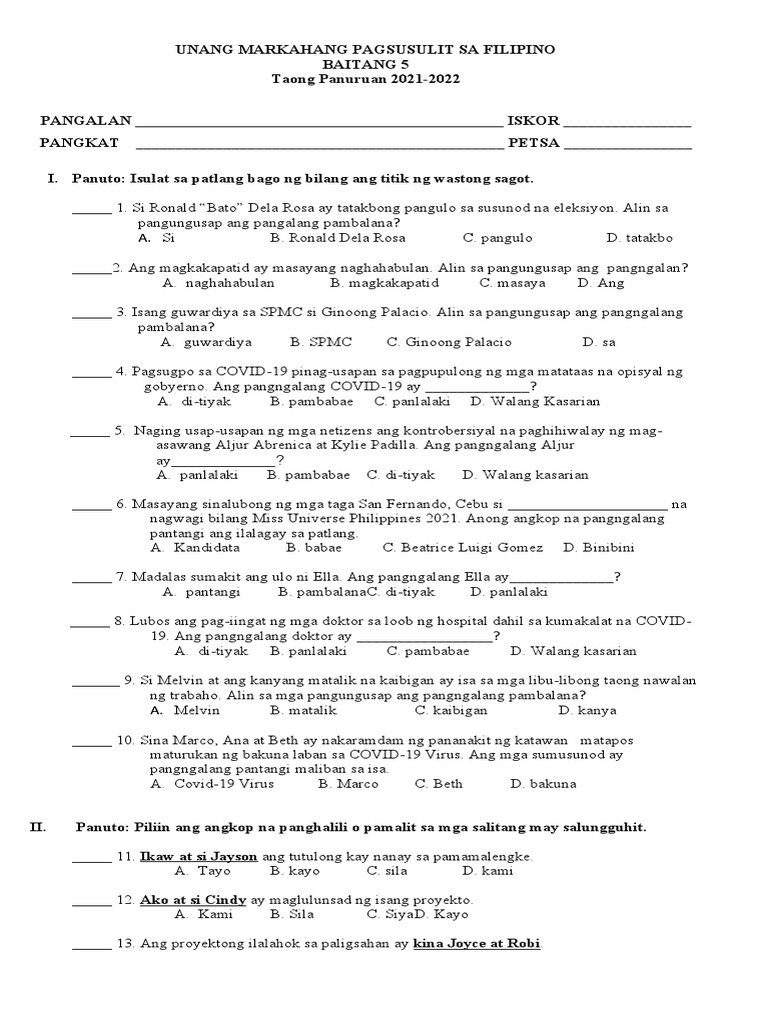 Unang Markahan SA Filipino 5 | PDF