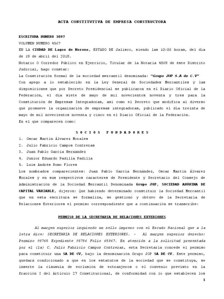 Acta Constitutiva de La Empresa | PDF | Sociedad de responsabilidad limitada | Business