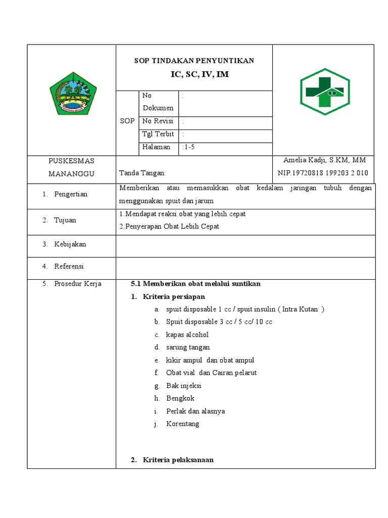 Sop Penyuntikan Ic, Iv, Im, SC | PDF