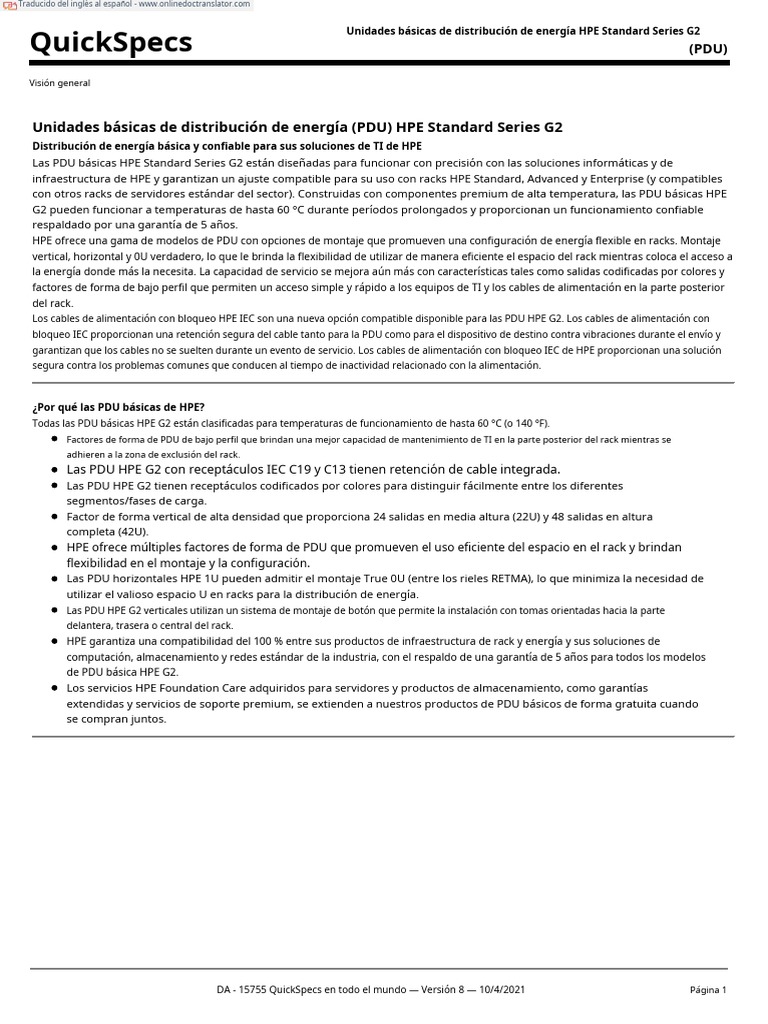HPE Standard Series G2 Basic Power Distribution Units (PDU) .En - Es ...