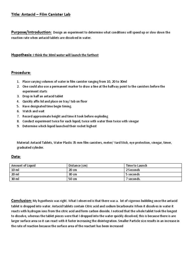 Antacid - Film Canister Lab | PDF | Water | Acid