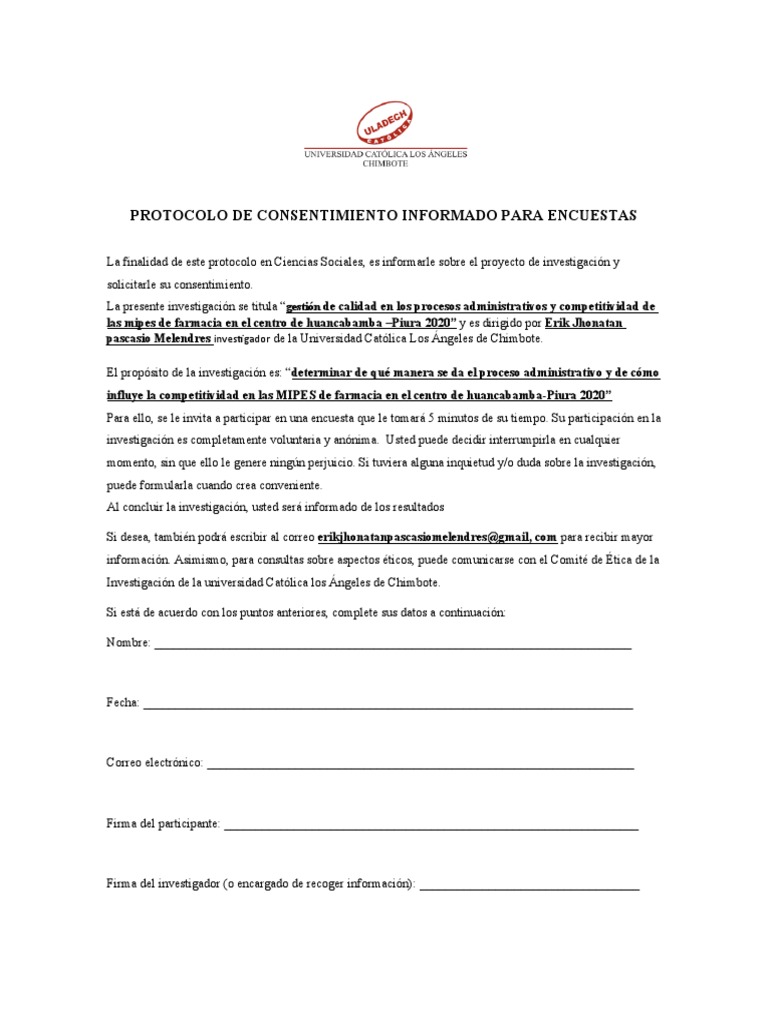 Protocolo De Consentimiento Informado Para Encuestas Pdf