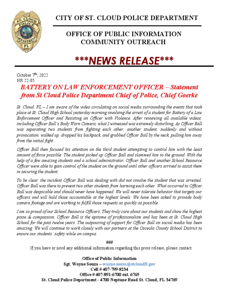 St. Cloud Police Officer Assault Statement | PDF | Social Science