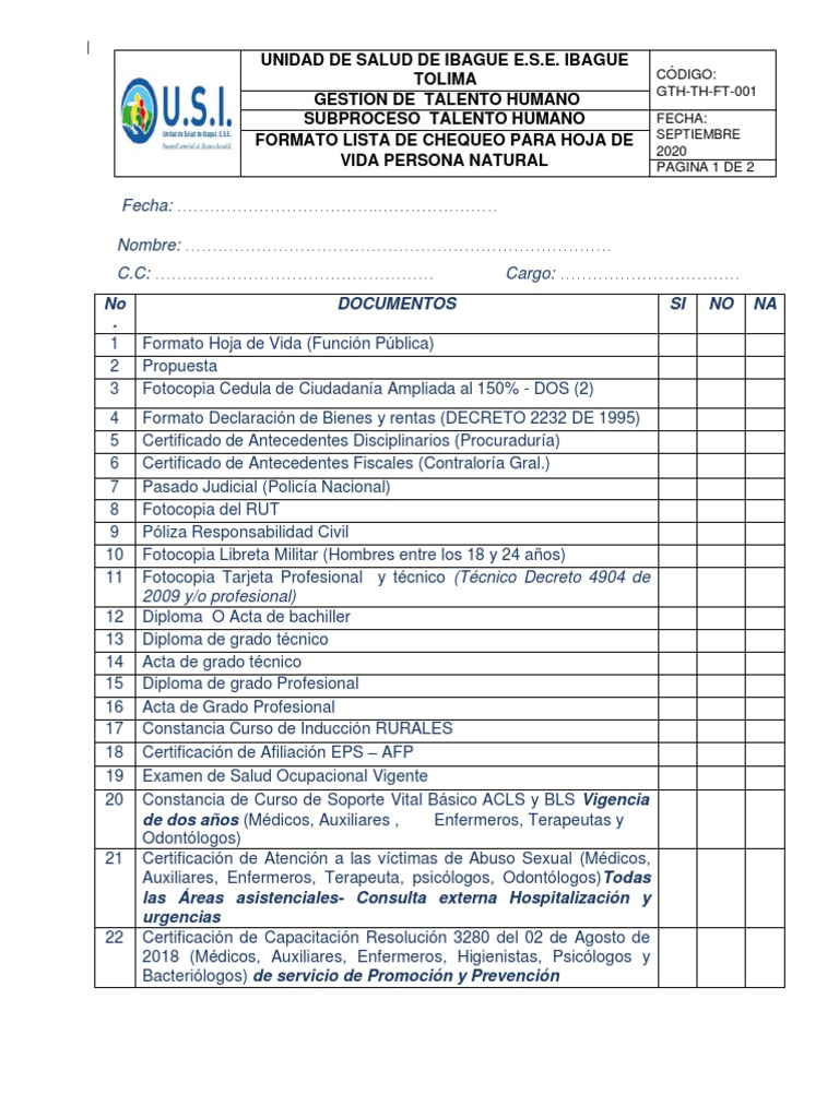 Lista de Chequeo Persona Natural | PDF | Enfermería | Ciencias de la Salud