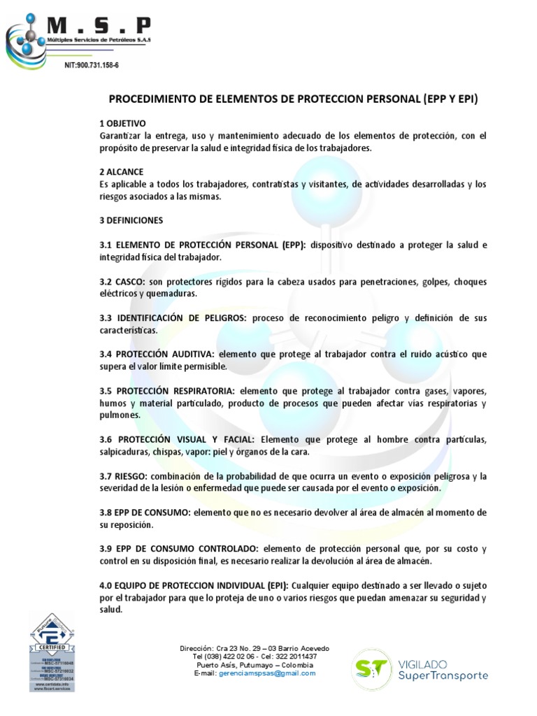 Procedimiento de Dotacion y Elementos de Proteccion Personal (Epp-Epi) | PDF | Química | Materiales