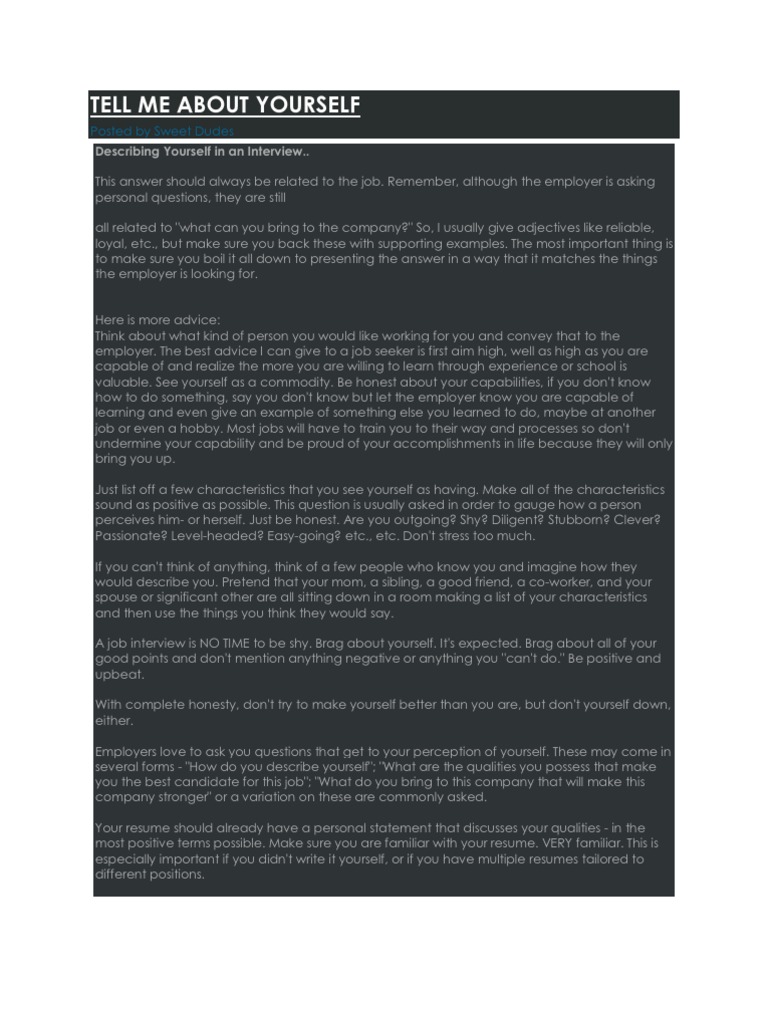 Tell Me About Yourself | PDF | Job Interview | Motivation