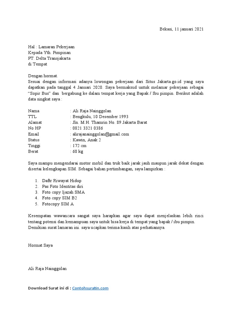7 - Contoh Surat Lamaran Kerja Sopir Driver Transjakarta | PDF