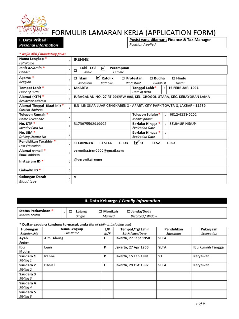 Form Lamaran Kerja - Town Square | PDF