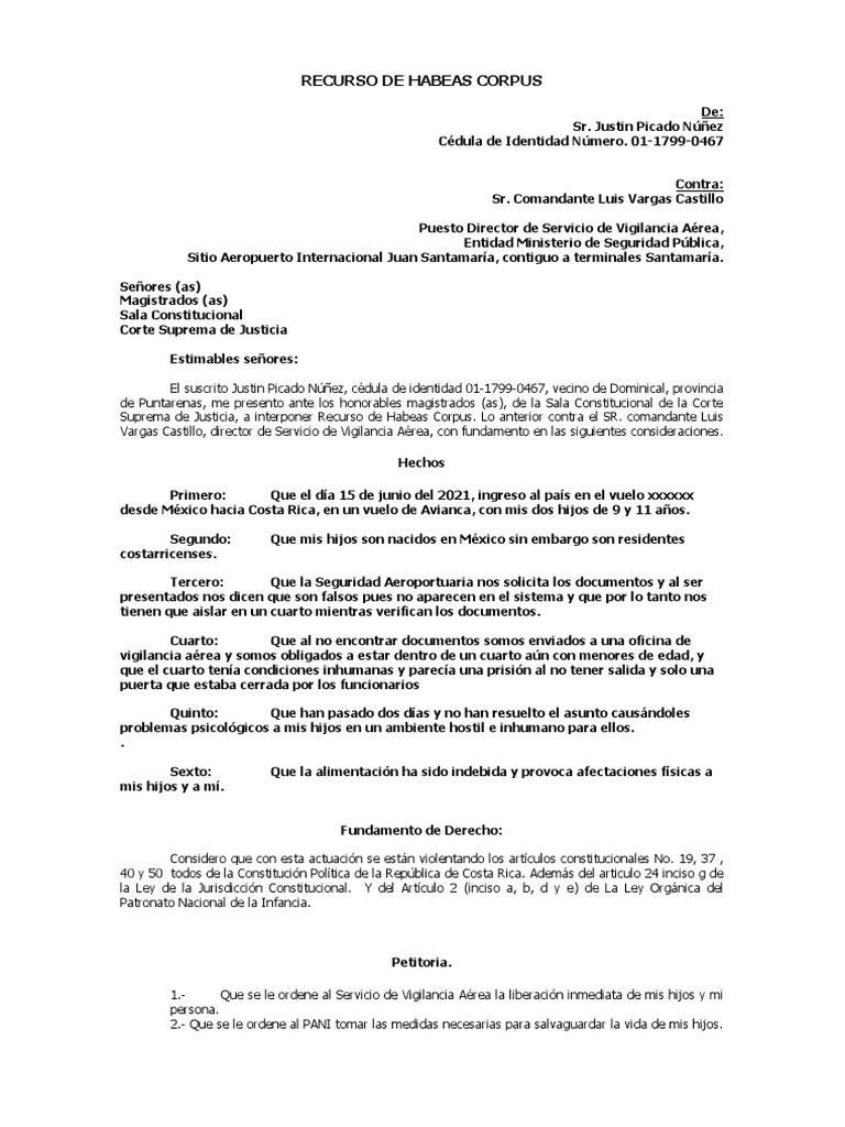 Recurso de Habeas Corpus Articulo 24 de La Ley de La Jurisdicción ...