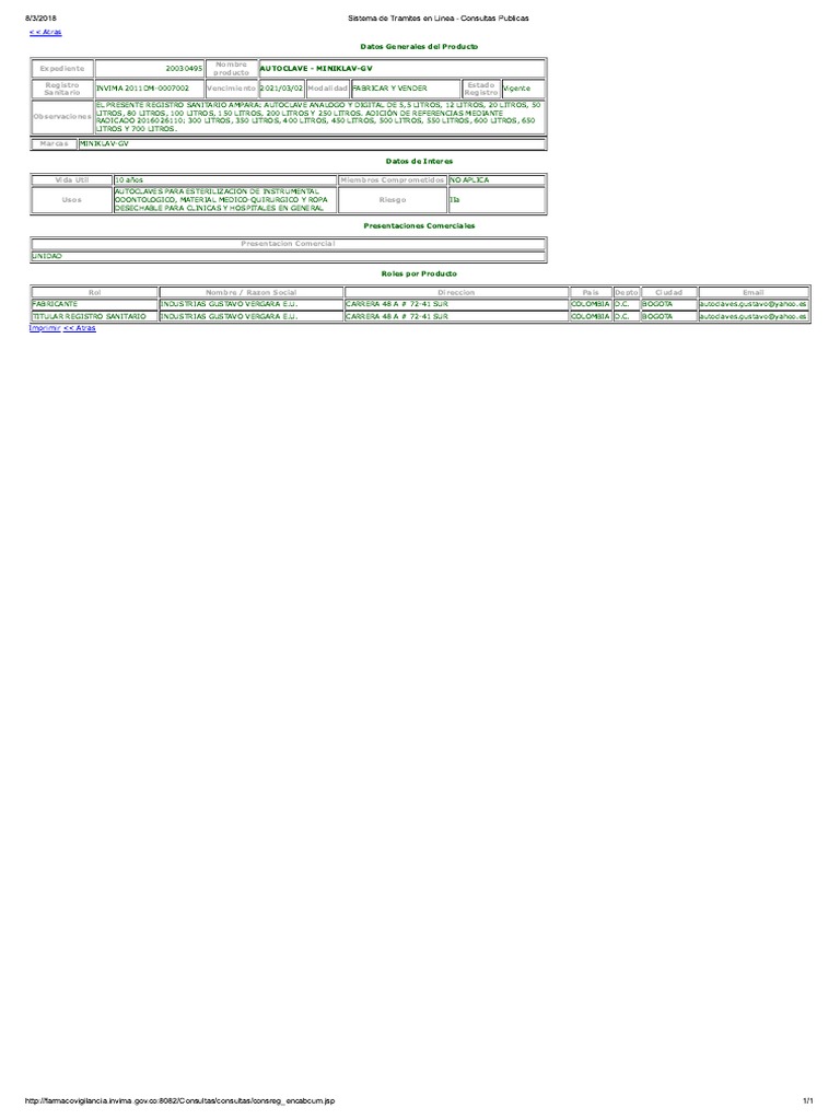 Registro Invima - Autoclave - Miniklavgv | PDF