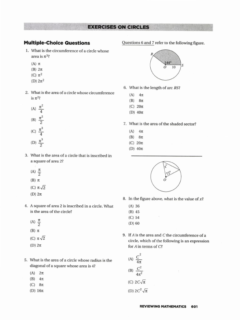 Circle Geometry Multiple Choice | PDF | Area | Teaching Mathematics
