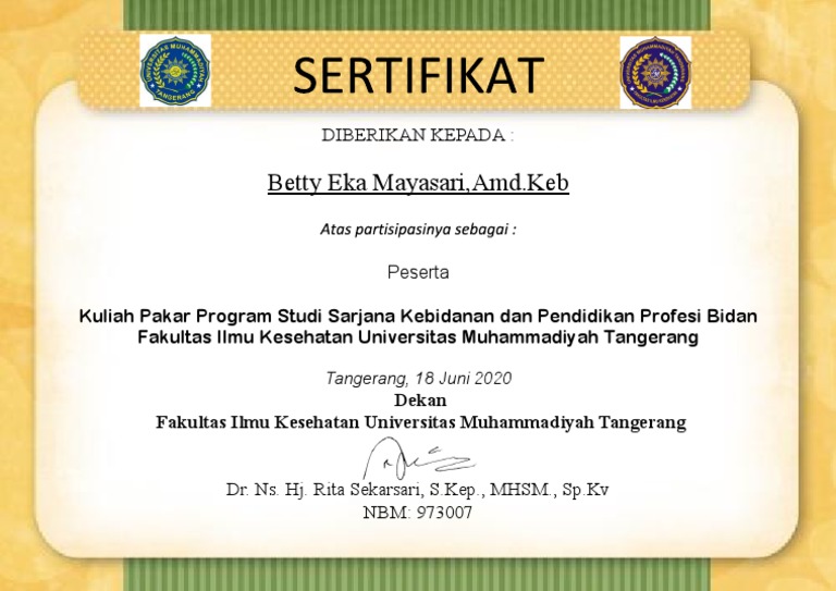 Sertifikat Betty Eka Mayasari, Amd - Keb | PDF