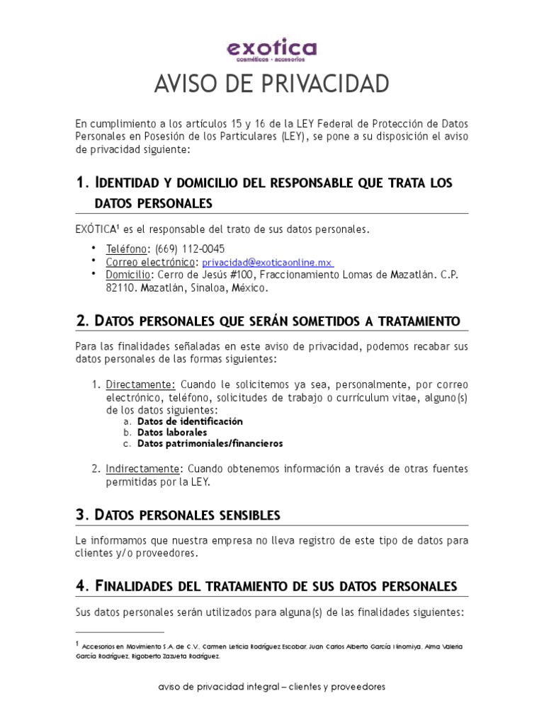 Aviso de Privacidad de Exótica | PDF | Privacidad en internet | Cookie HTTP