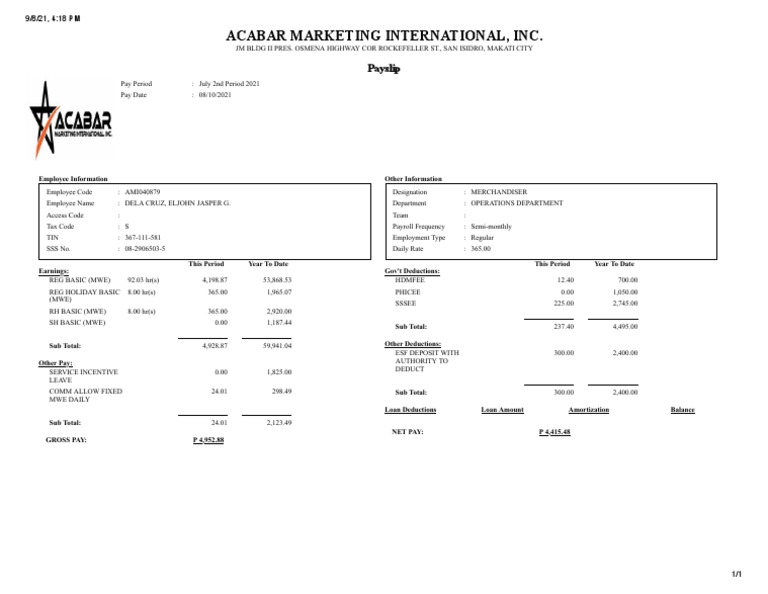 Acabar Payslip 2 | PDF | Payroll | Employment