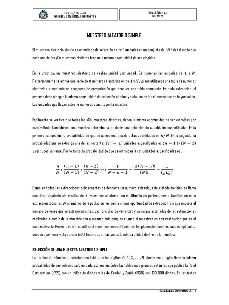 Muestreo Aleatorio Simple en Estadística | PDF | Muestreo (Estadísticas ...